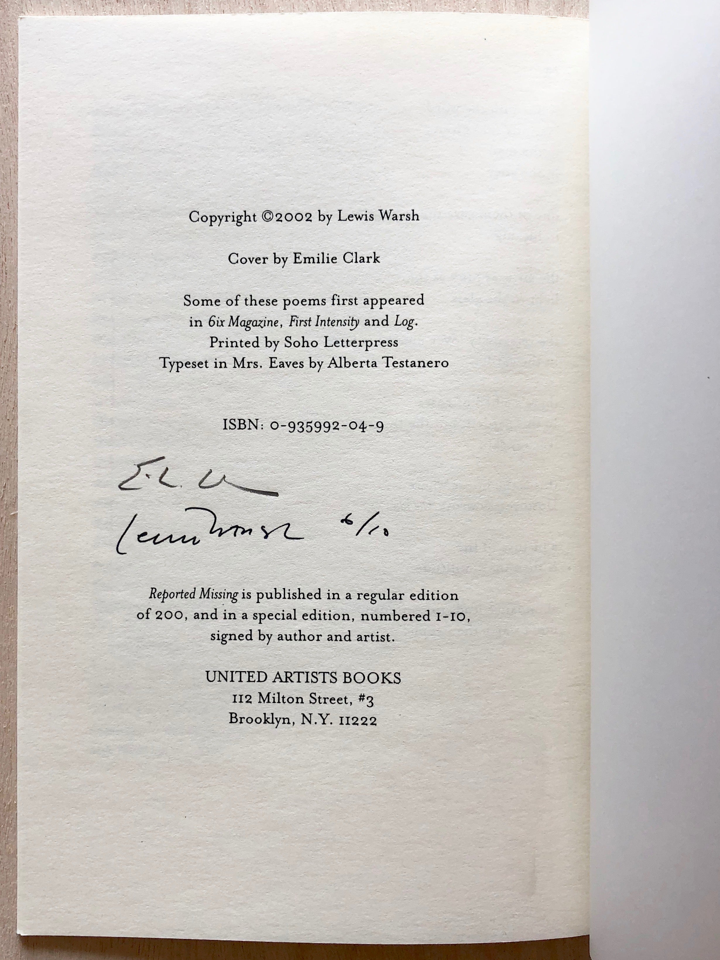 REPORTED MISSING by Lewis Warsh, illustrated by Emilie Clark (SIGNED a ...